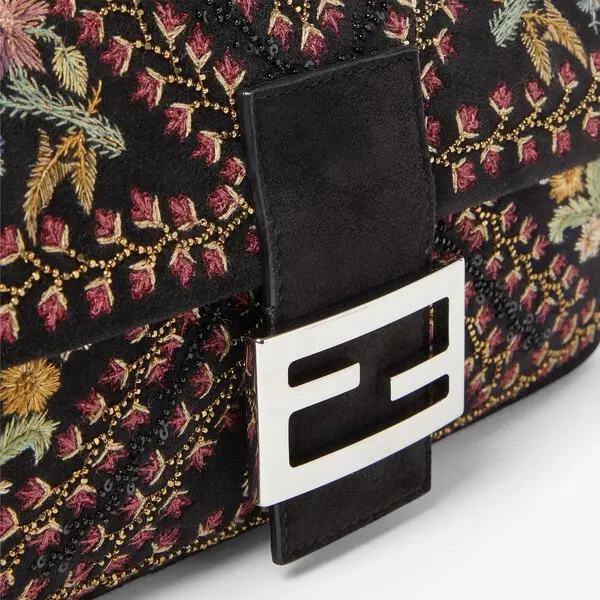 Fendi Baguette® 26424 Black Suede Bag With Embroidery